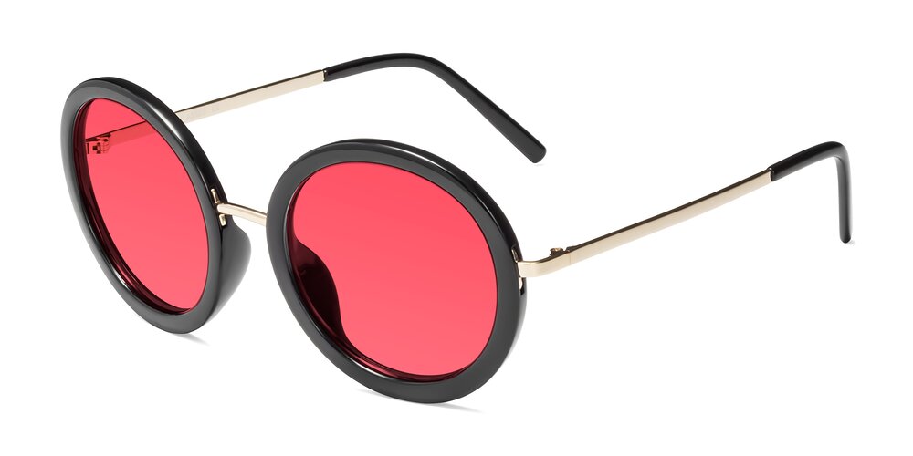 Black Geek-Chic Oversized Round Tinted Sunglasses with Red Sunwear ...