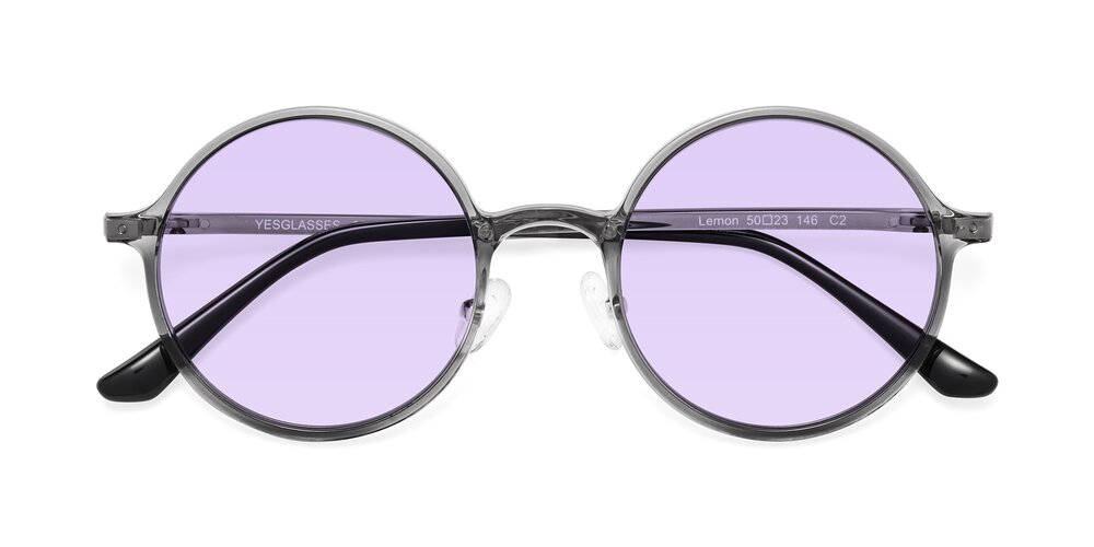 Transparent Gray Retro-Vintage Thin Round Tinted Sunglasses with Light ...