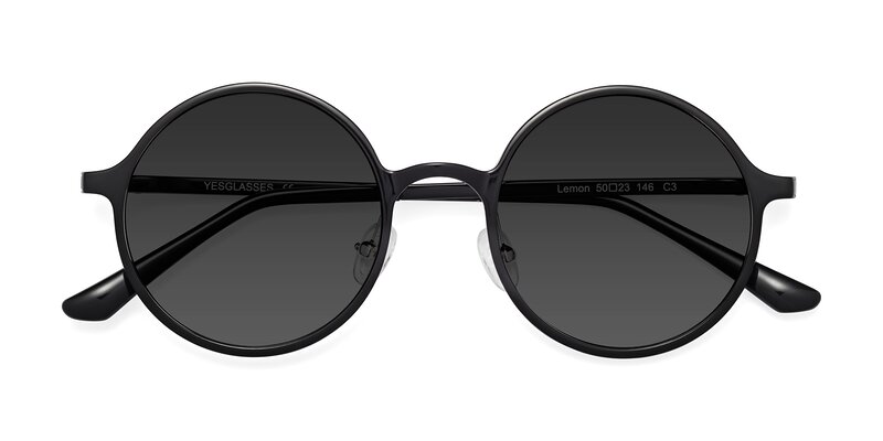 Black Retro Vintage Thin Round Tinted Sunglasses With Gray Sunwear Lenses Lemon