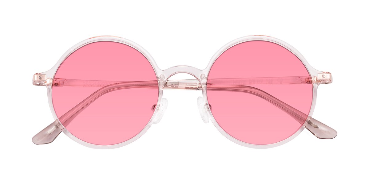 Transparent Pink Retro-Vintage Thin Round Tinted Sunglasses with Pink ...