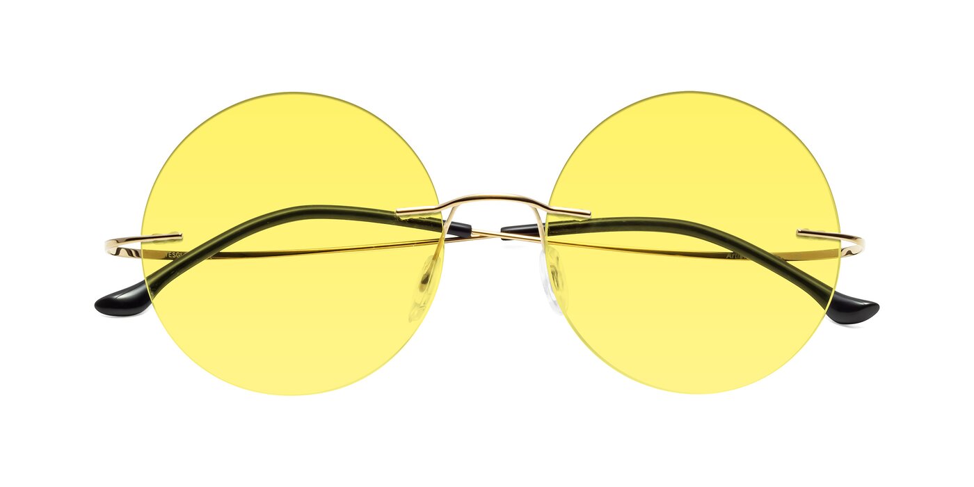 Gold Lightweight Round Rimless Tinted Sunglasses with Medium Yellow ...