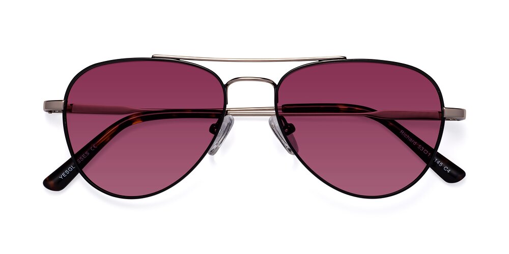 Black/Gold Lightweight Metal Aviator Tinted Sunglasses with Wine ...