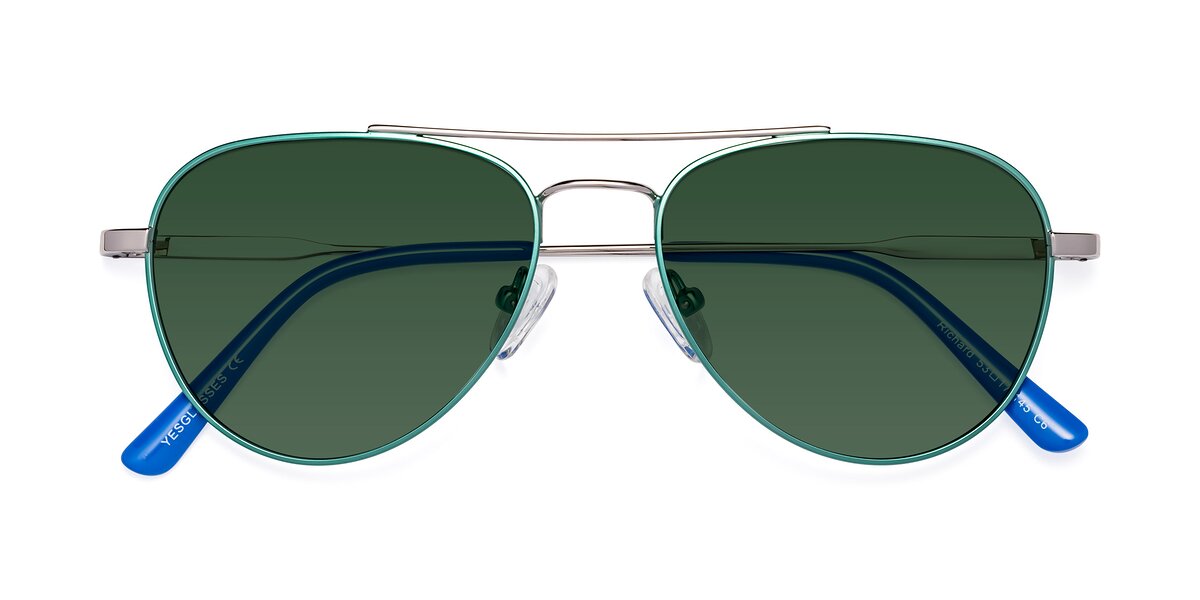 Green/Silver Lightweight Metal Aviator Tinted Sunglasses with Green ...