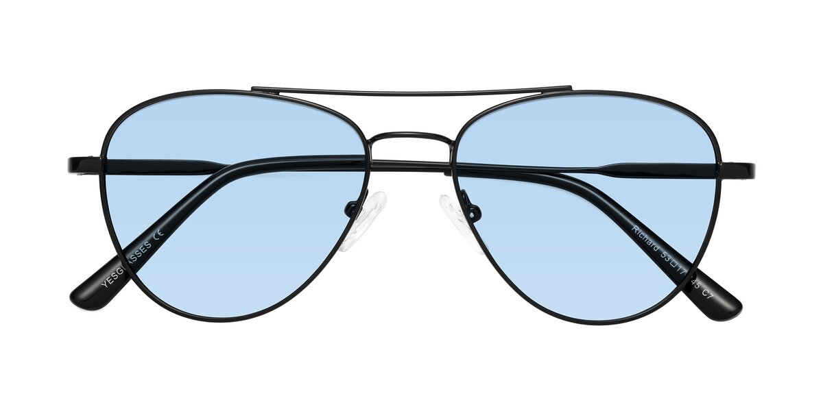 Black Lightweight Metal Aviator Tinted Sunglasses with Light Blue ...