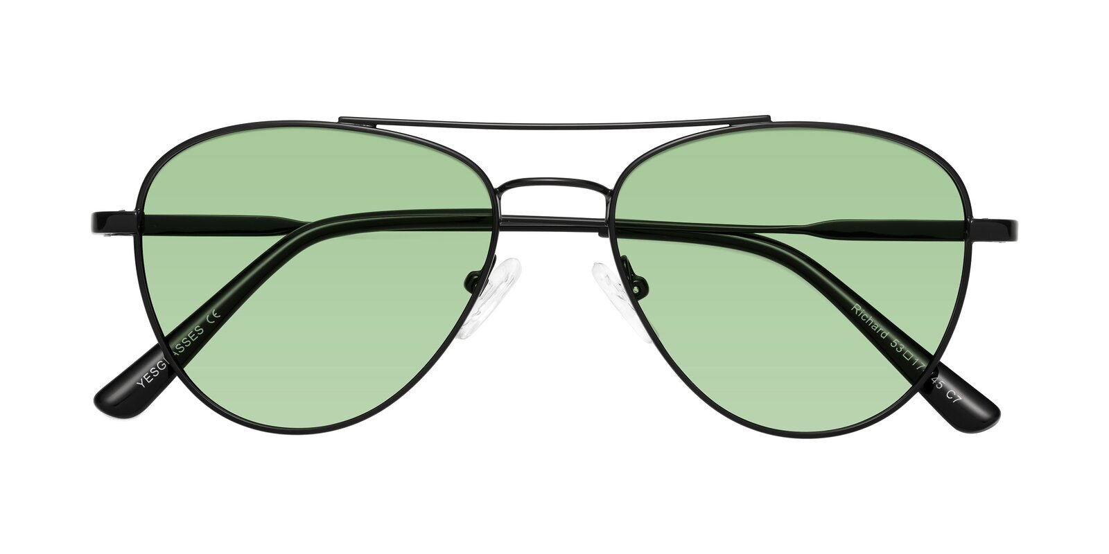 Black Lightweight Metal Aviator Tinted Sunglasses with Medium Green ...