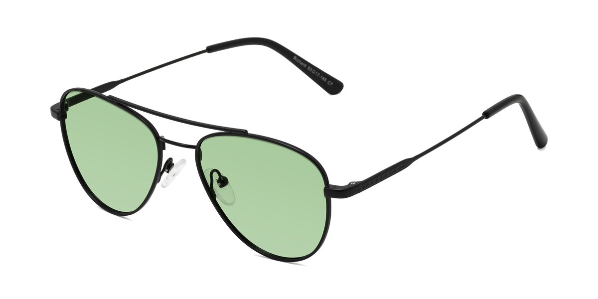Black Lightweight Metal Aviator Tinted Sunglasses with Medium Green ...