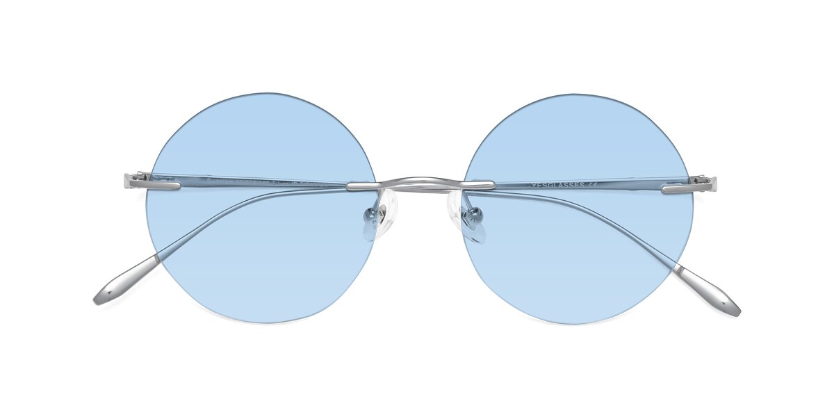Silver Retro-Vintage Round Rimless Tinted Sunglasses with Light Blue ...