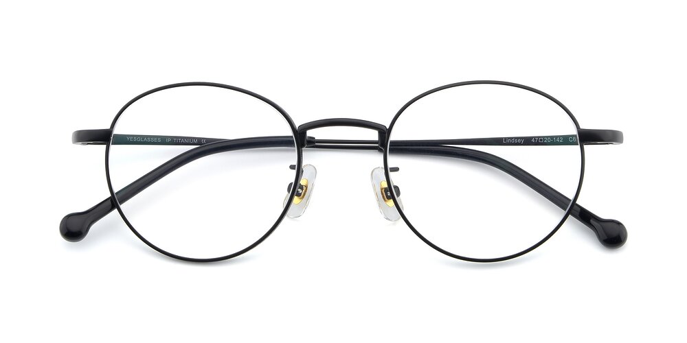 Matte Black Retro-Vintage Titanium Round Eyeglasses - Lindsey