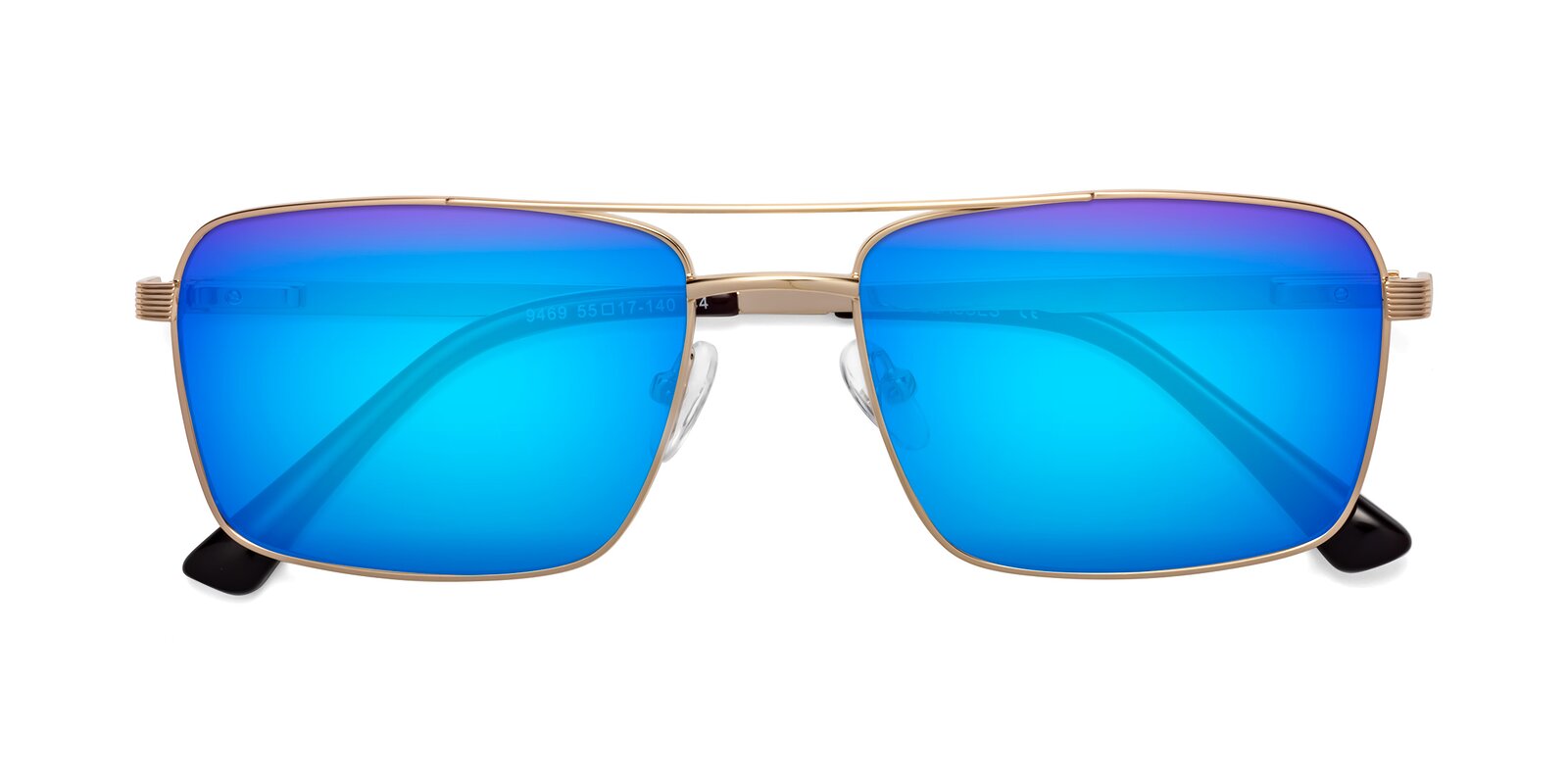 Gold Classic Metal Rectangle Mirrored Sunglasses with Blue Sunwear ...