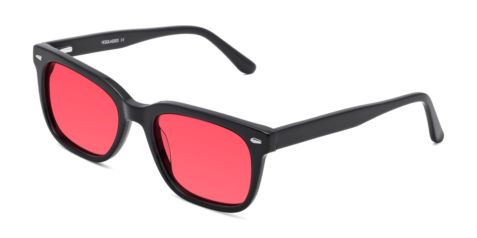 Black Medium Thick Acetate Tinted Sunglasses with Red Sunwear Lenses - 1052