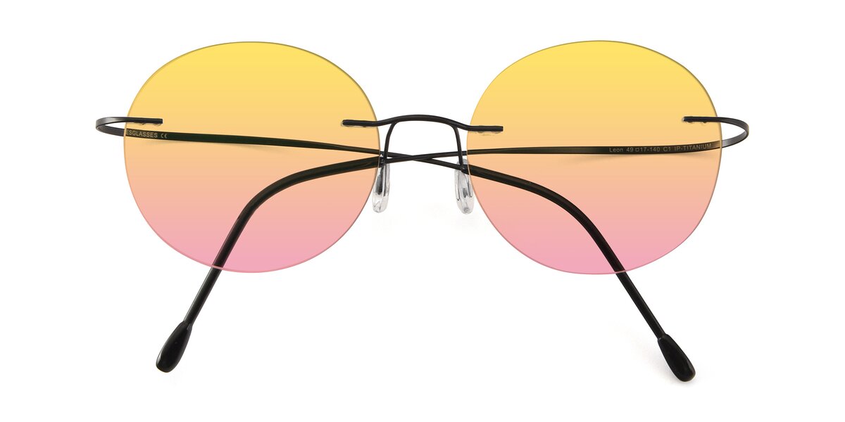 Black Flexible Round Rimless Gradient Sunglasses with Yellow / Pink ...