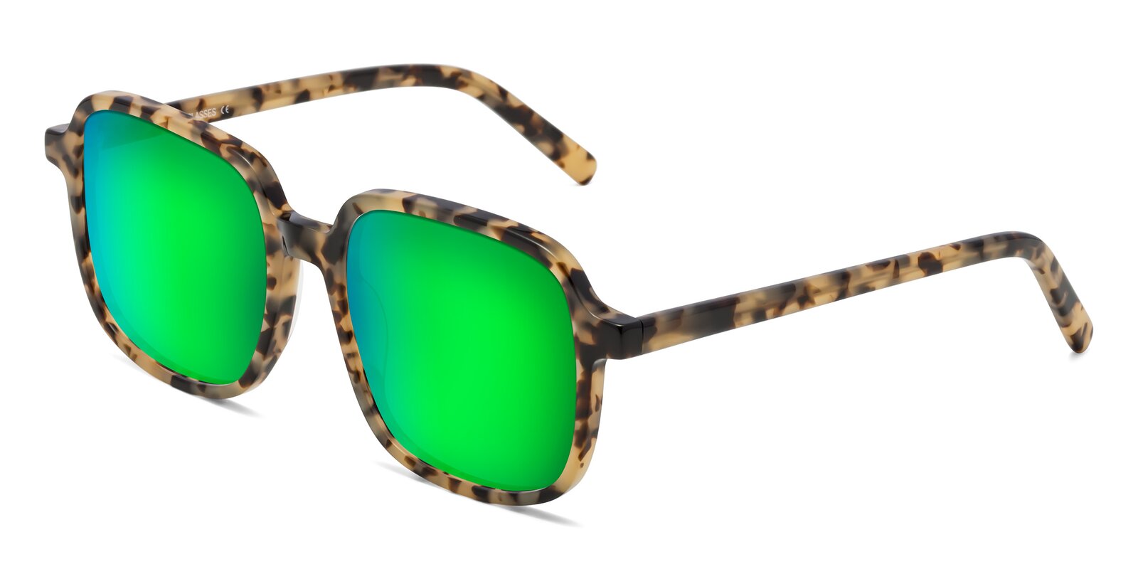 Ivory Tortoise Oversized Acetate Square Mirrored Sunglasses with Green ...