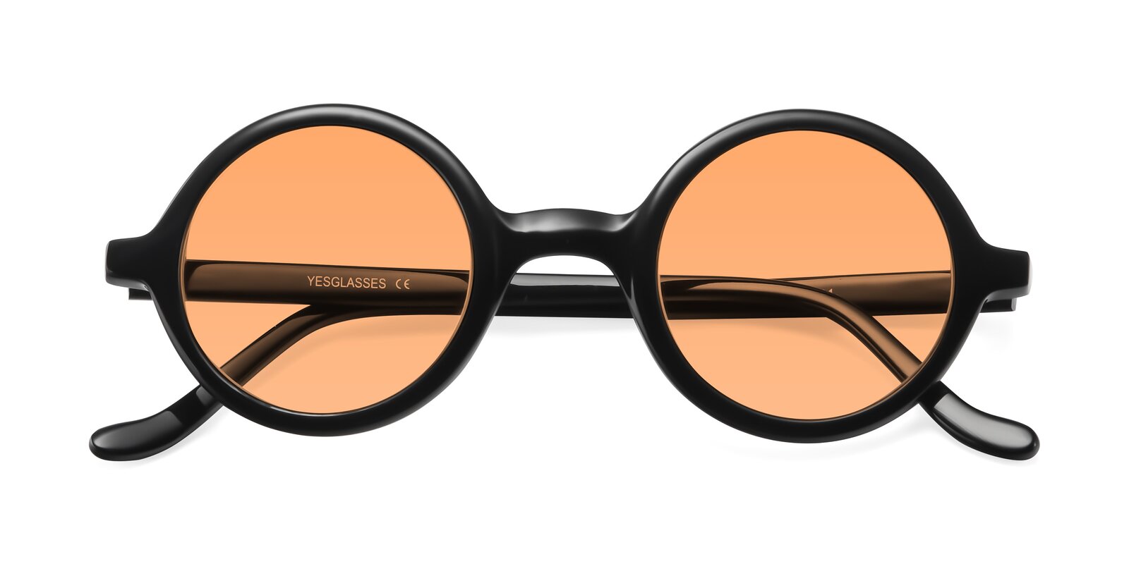 Black Narrow Retro-Vintage Round Tinted Sunglasses with Medium Orange ...