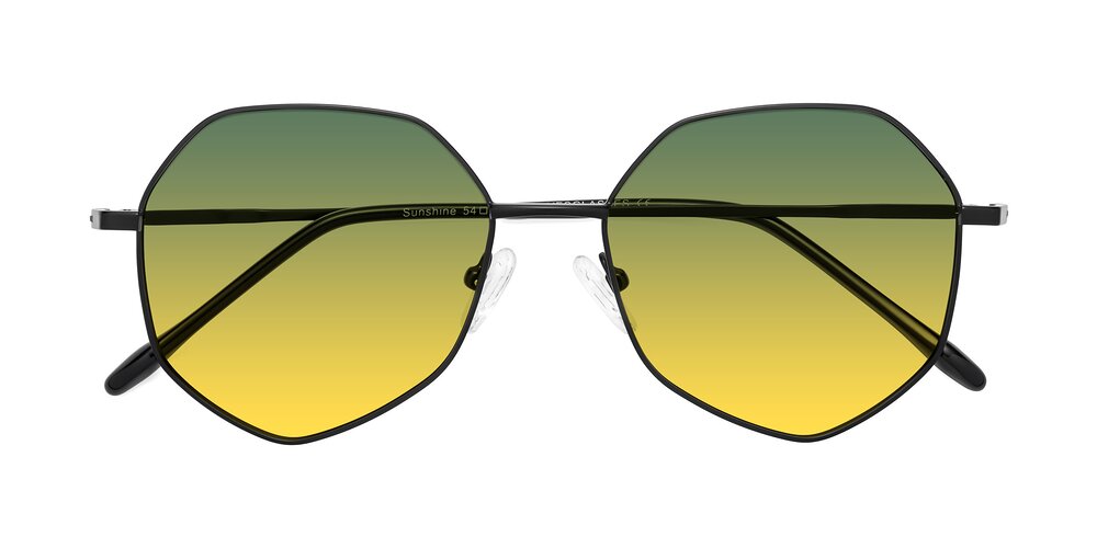 Black Hipster Aviator Geometric Gradient Sunglasses with Green / Yellow ...