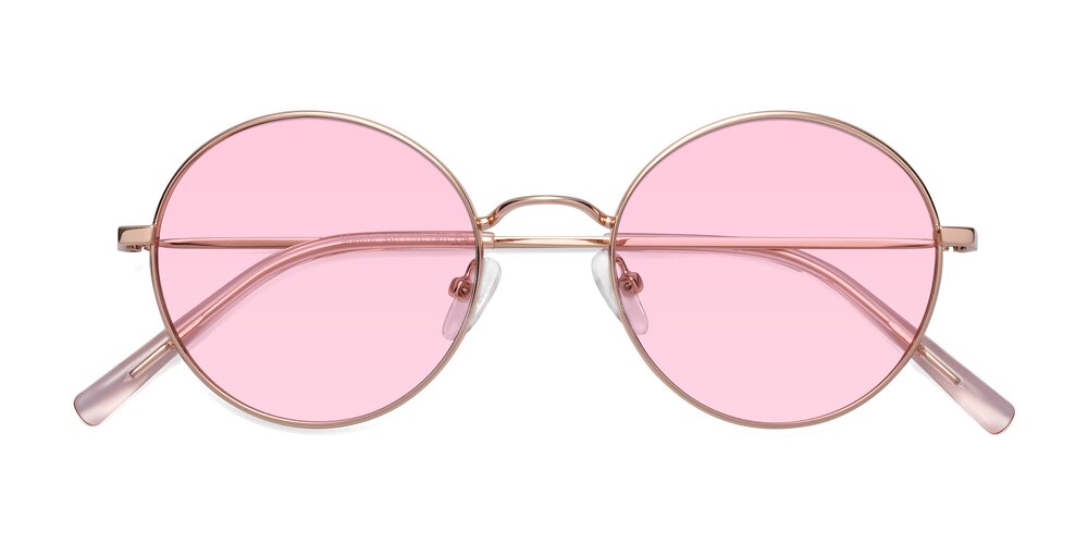 Rose Gold Retro-Vintage Metal Round Tinted Sunglasses with Light Pink ...
