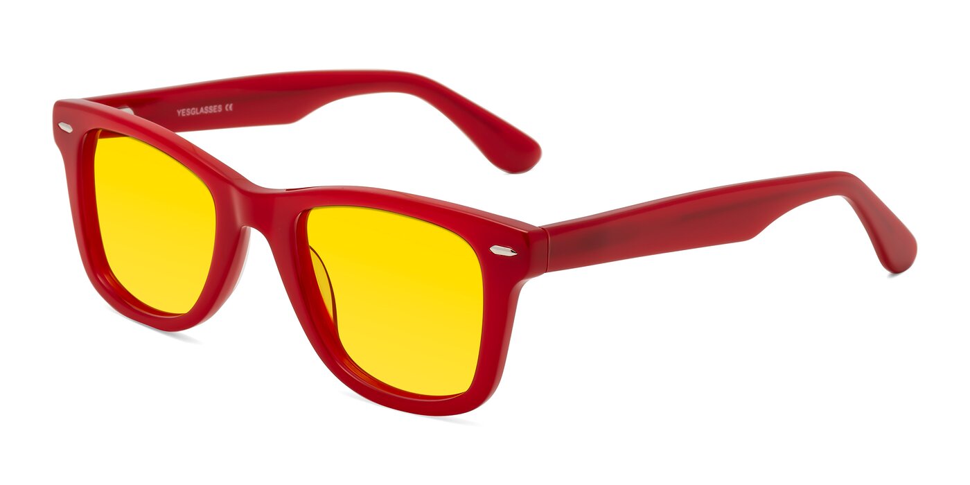 Red Medium Thick Trapezoid Tinted Sunglasses with Yellow Sunwear Lenses ...