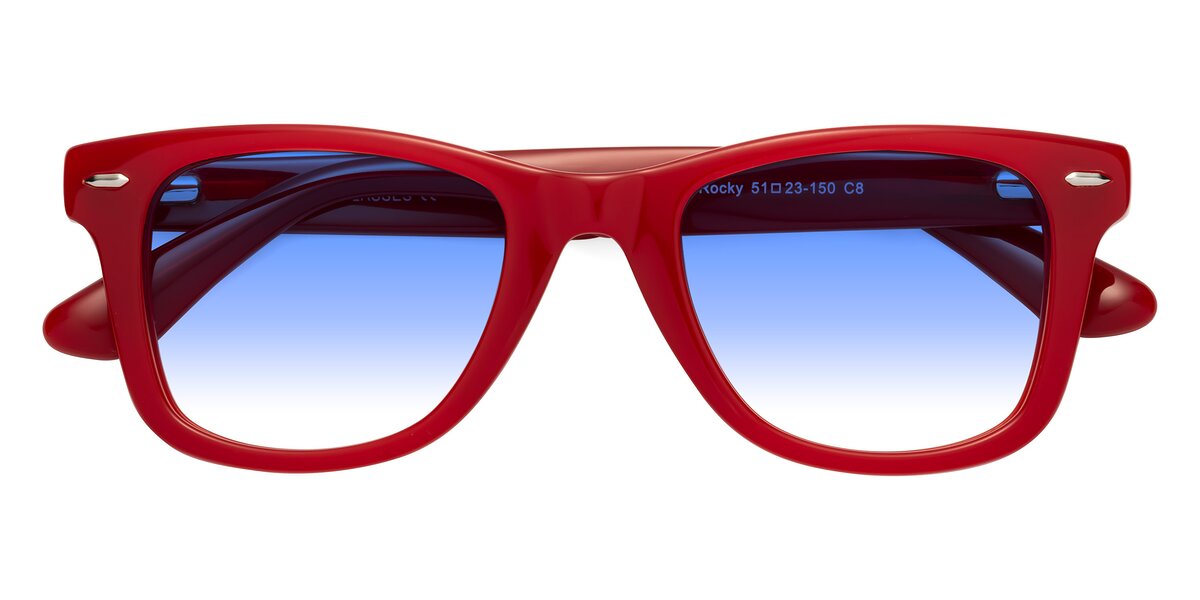Red Medium Thick Trapezoid Gradient Sunglasses with Blue Sunwear Lenses ...