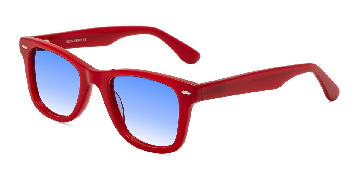 Red Medium Thick Trapezoid Gradient Sunglasses with Blue Sunwear Lenses ...