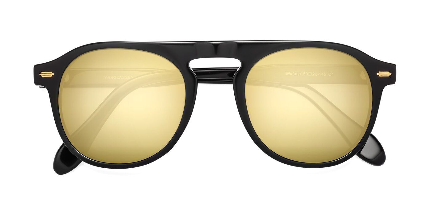 Black Browline Grandpa Round Mirrored Sunglasses with Gold Sunwear ...