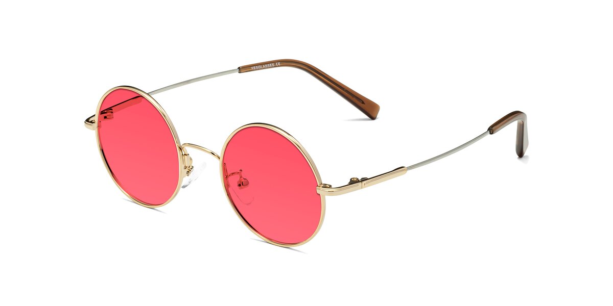 Gold Narrow Flexible Round Tinted Sunglasses with Red Sunwear Lenses - Melo