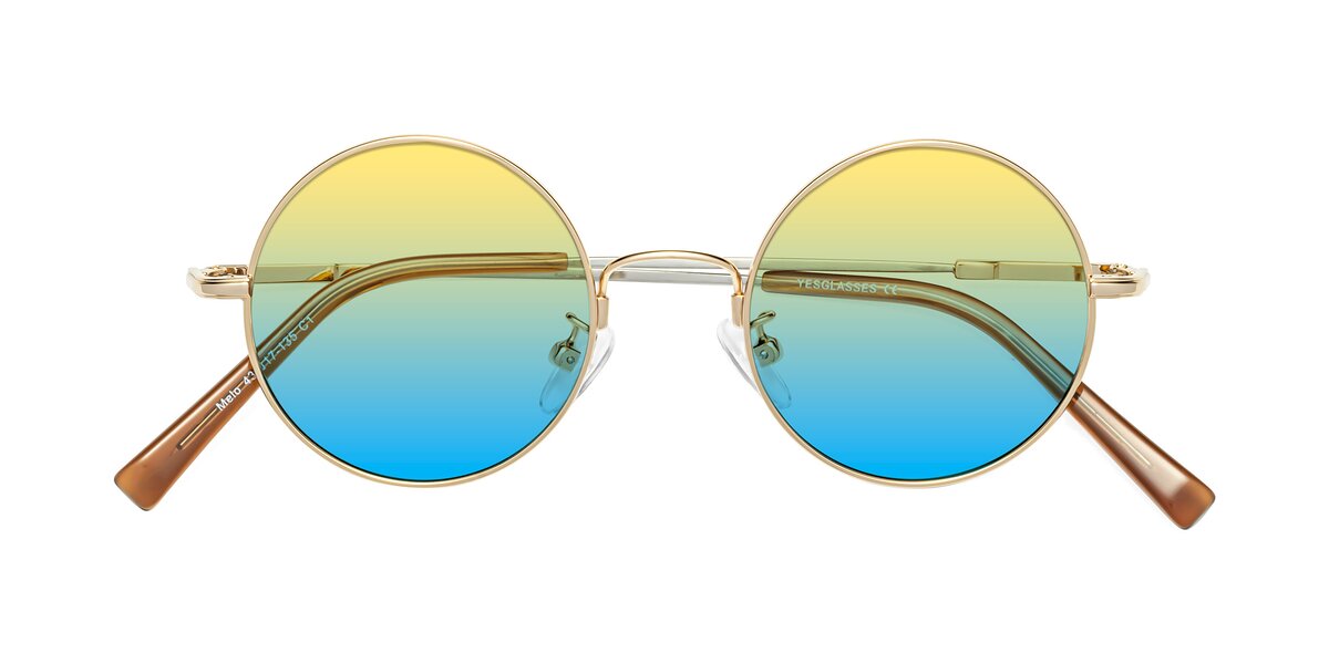 Gold Narrow Flexible Round Gradient Sunglasses with Yellow / Blue ...