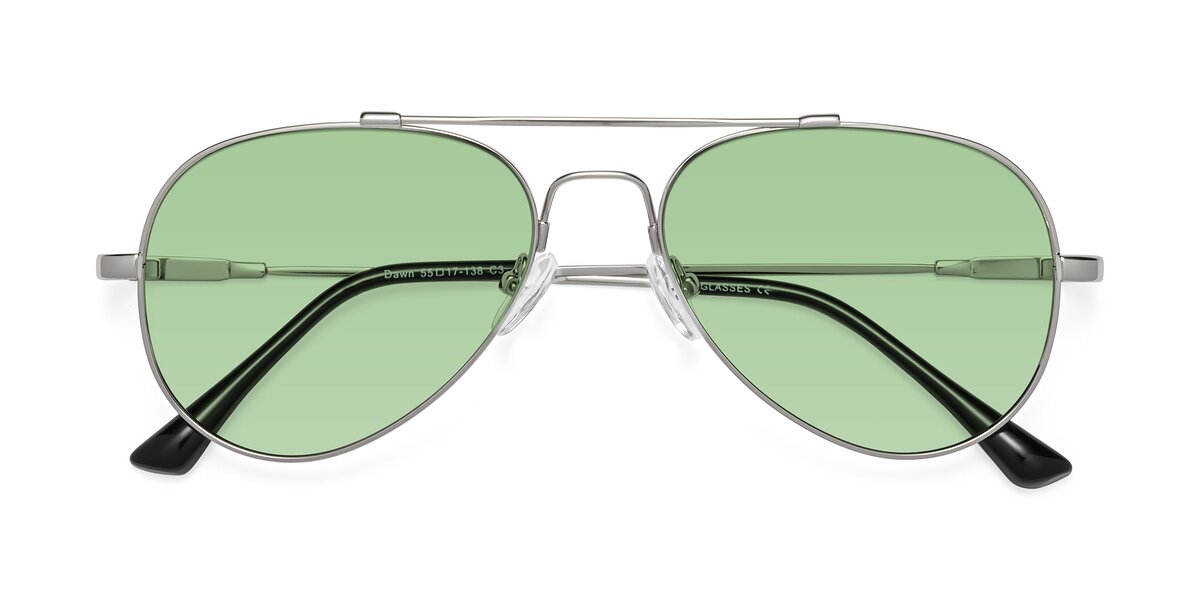 Silver Lightweight Flexible Aviator Tinted Sunglasses with Medium Green ...