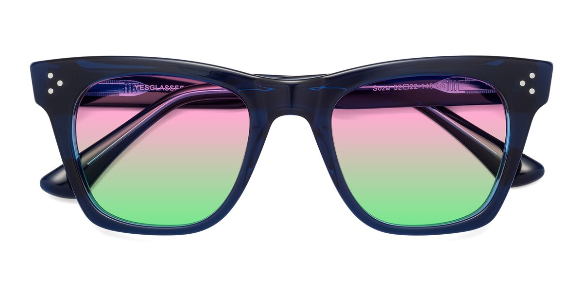 Blue Medium Thick Trapezoid Gradient Sunglasses with Pink / Green ...