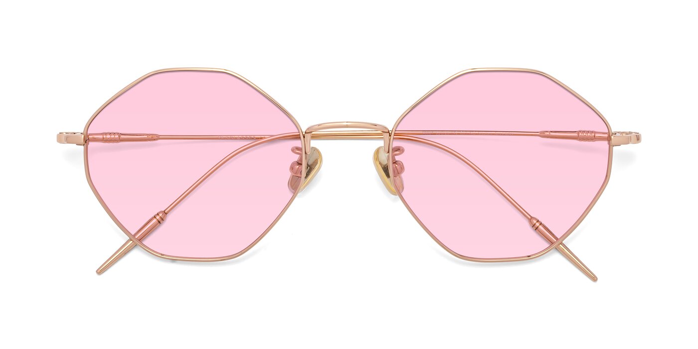Rose Gold Hipster Titanium Geometric Tinted Sunglasses with Light Pink ...