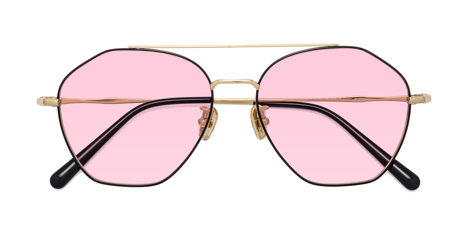 Black/Gold Titanium Geometric Aviator Tinted Sunglasses with Light Pink ...