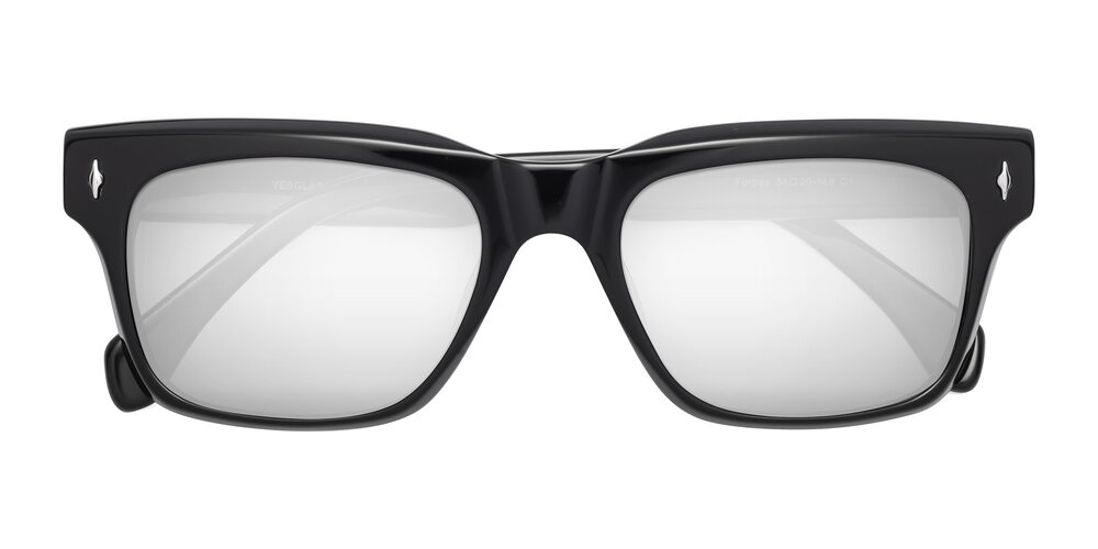 Black Medium Acetate Trapezoid Mirrored Sunglasses with Silver Sunwear ...