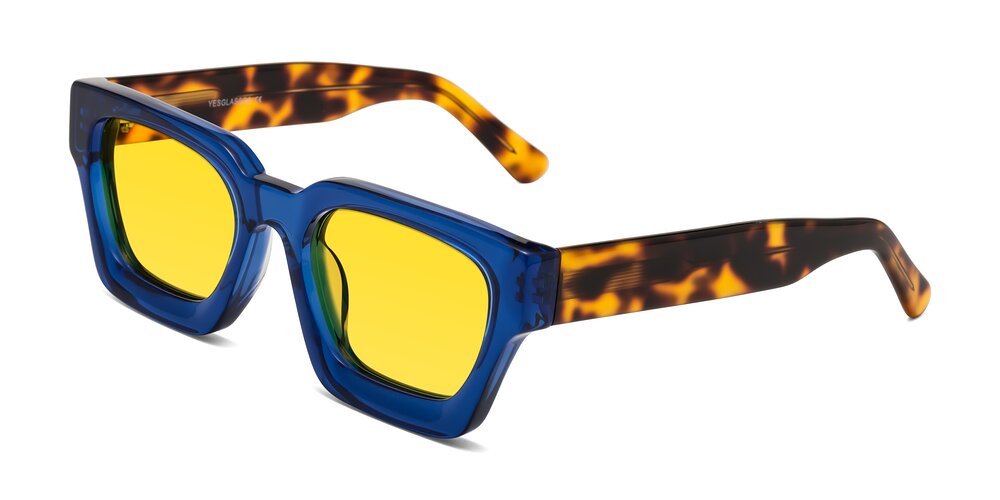 Blue/Tortoise Thick Geek-Chic Geometric Tinted Sunglasses with Yellow ...