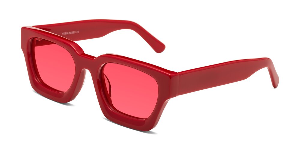 Red Thick Geek-Chic Geometric Tinted Sunglasses with Red Sunwear Lenses ...