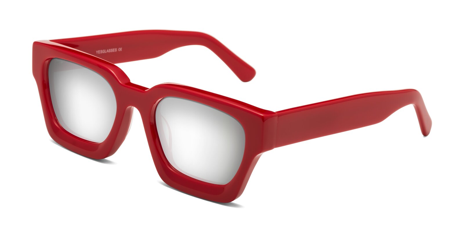Red Thick Geek-Chic Geometric Mirrored Sunglasses with Silver Sunwear ...