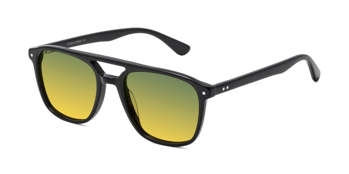 Black Double Bridge Acetate Trapezoid Gradient Sunglasses with Green ...