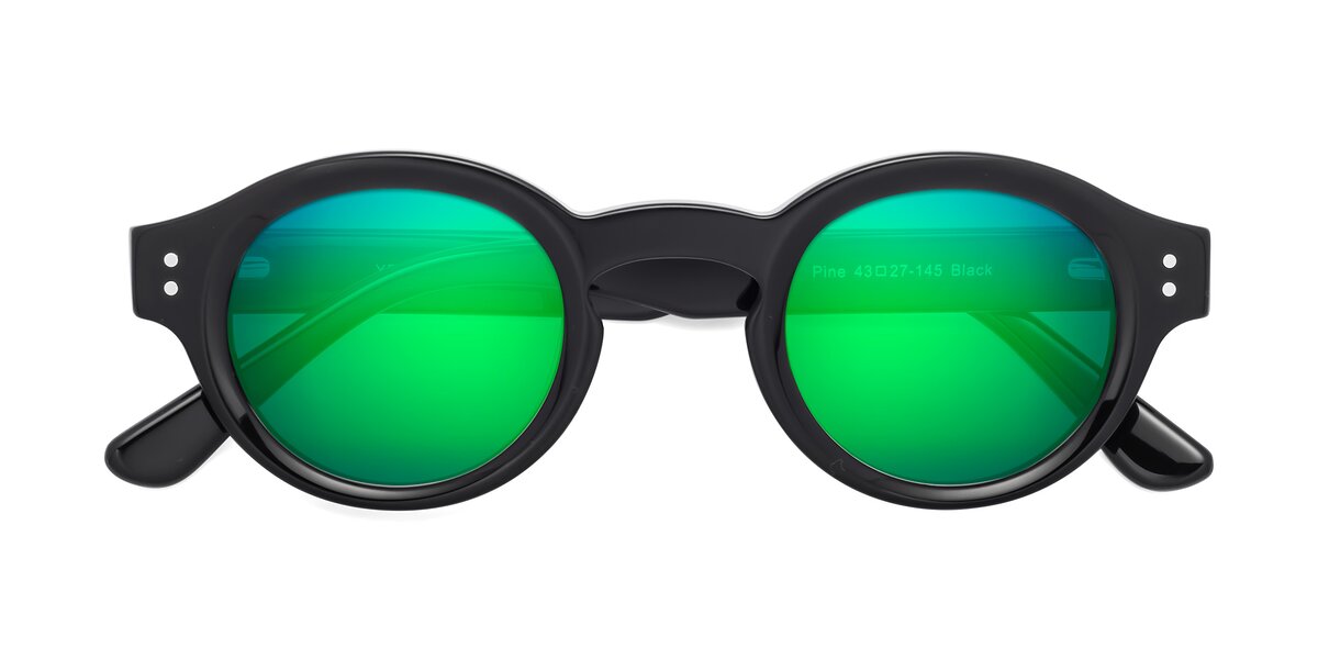 Black Keyhole Bridge Retro-Vintage Round Mirrored Sunglasses with Green ...