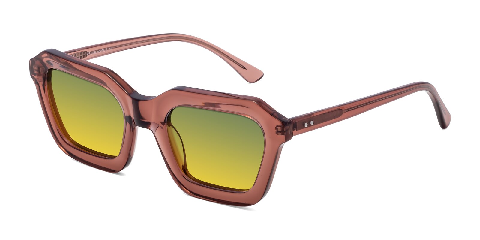 Brown Thick Acetate Geometric Gradient Sunglasses with Green / Yellow ...