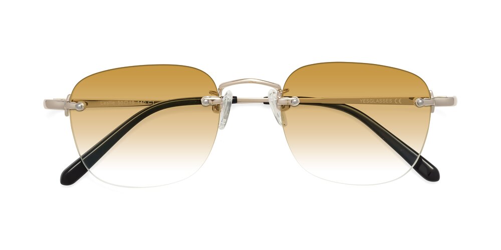 Brown/Gold Classic Rectangle Rimless Gradient Sunglasses with Brown ...