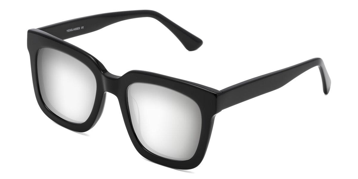Black Oversized Acetate Square Mirrored Sunglasses with Silver Sunwear ...