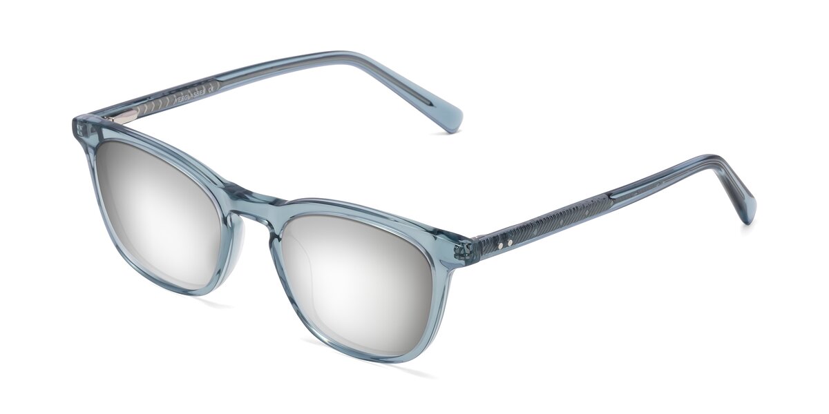 Light Blue Medium Classic Trapezoid Mirrored Sunglasses with Silver ...