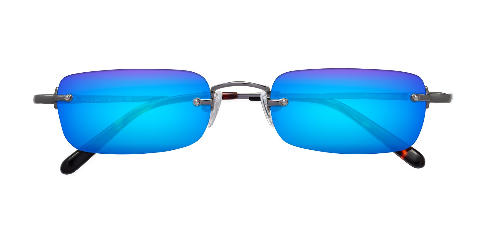 Gunmetal Wide Rectangle Rimless Mirrored Sunglasses with Blue Sunwear ...
