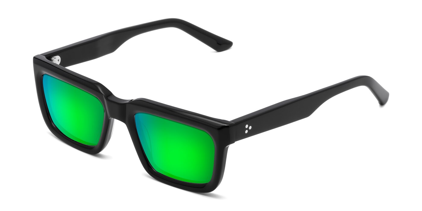 Black Thick Acetate Rectangle Mirrored Sunglasses with Green Sunwear ...