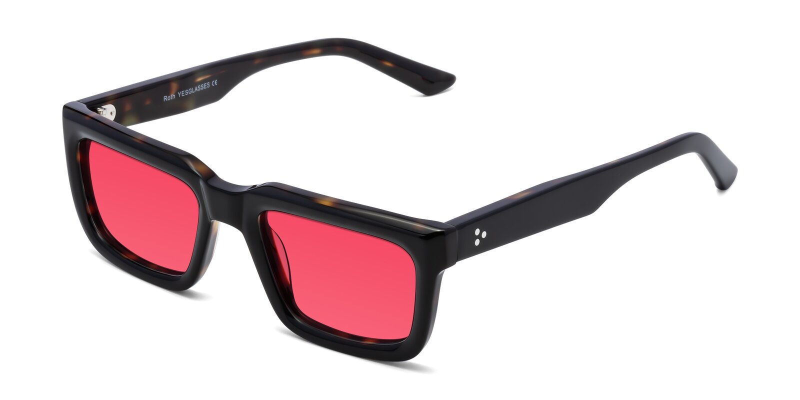 Black-Tortoise Acetate Rectangle Full-Rim Tinted Sunglasses with Red ...