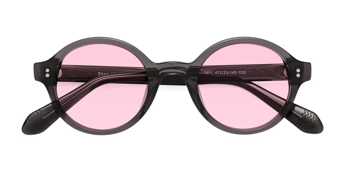 Dark Gray Narrow Retro-Vintage Round Tinted Sunglasses with Light Pink ...