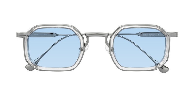 Clear/Silver Retro-Vintage Rectangle Geometric Tinted Sunglasses with ...