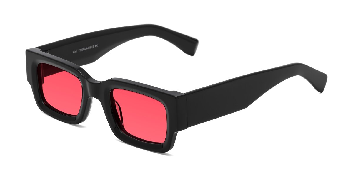 Black Hipster Thick Rectangle Tinted Sunglasses with Red Sunwear Lenses ...
