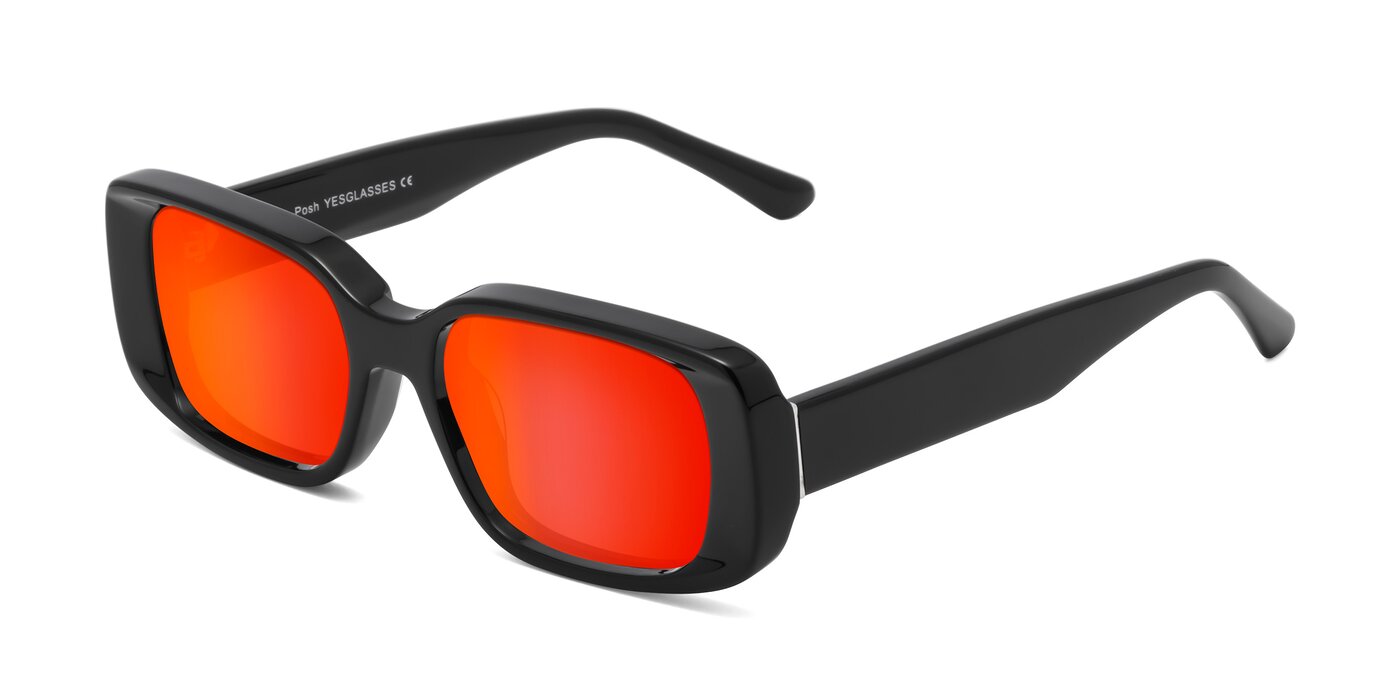 Black Geek-Chic Thick Rectangle Mirrored Sunglasses with Red Gold ...