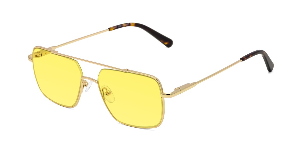 Gold Double Bridge Metal Geometric Tinted Sunglasses with Medium Yellow ...