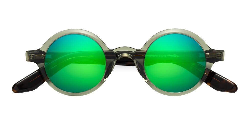 Caramel Narrow Retro-Vintage Round Mirrored Sunglasses with Green ...
