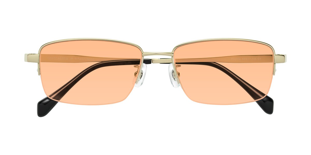 Gold Classic Rectangle Semi-Rimless Tinted Sunglasses with Light Orange ...