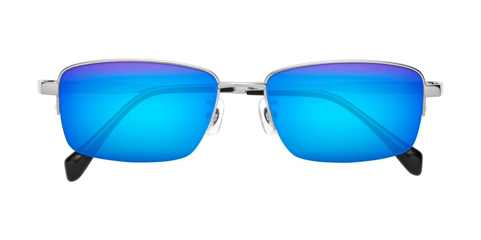 Silver Classic Rectangle Semi-Rimless Mirrored Sunglasses with Blue ...
